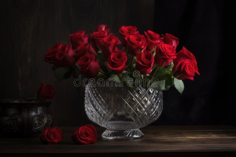Red Roses in a Crystal Vase on Dark Wood Table Stock Illustration ...