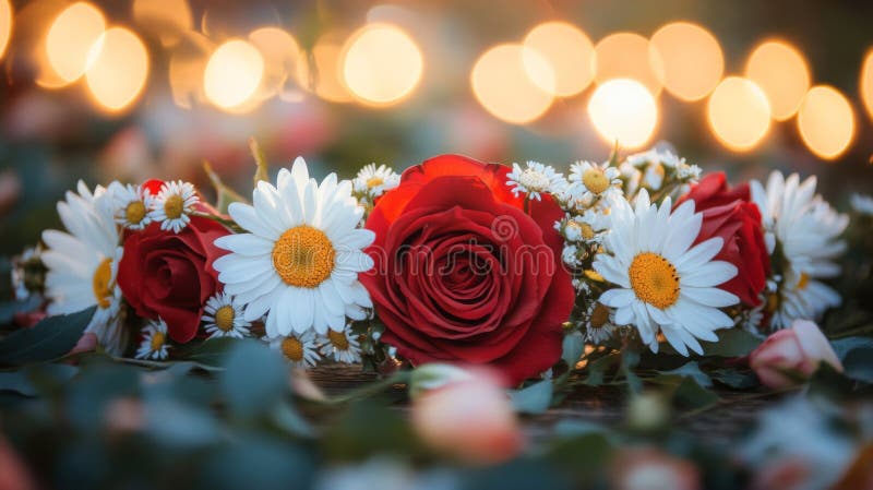 Red Roses and Daisies Form a Beautiful Floral Crown Stock Illustration ...