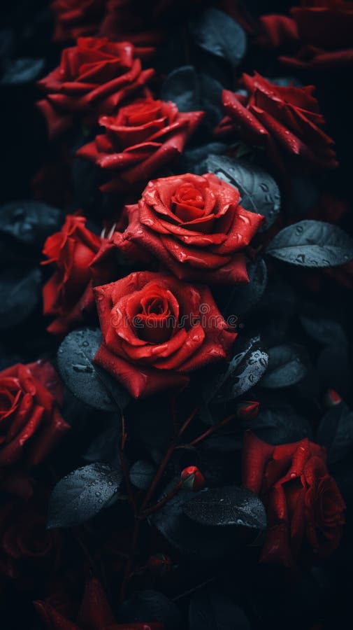 Red Roses on Dark Background with Water Droplets Stock Illustration ...