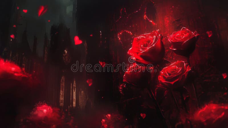 Red Roses in Dark Gothic Cityscape at Night Stock Illustration ...