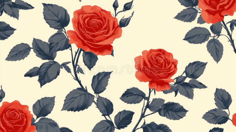 Red Roses and Dark Grey Leaves Seamless Pattern on Cream Background ...