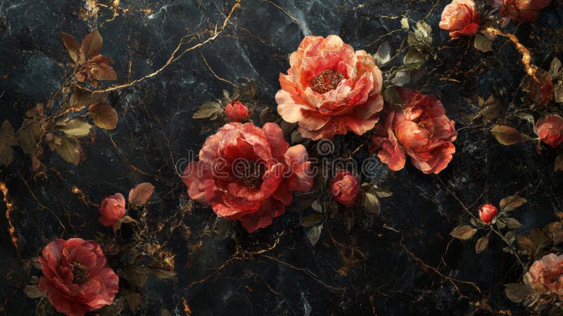 Red Roses on Dark Marble with Gold Glitter Stock Illustration ...
