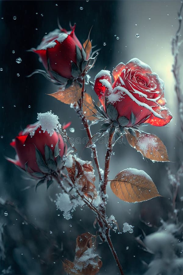 Red Roses Draped with Frost and Snow. Valentines Day Background Created ...