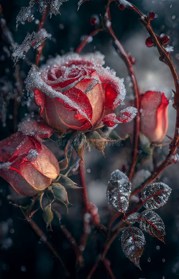 Red Roses Draped with Frost and Snow. Valentines Day Background Created ...