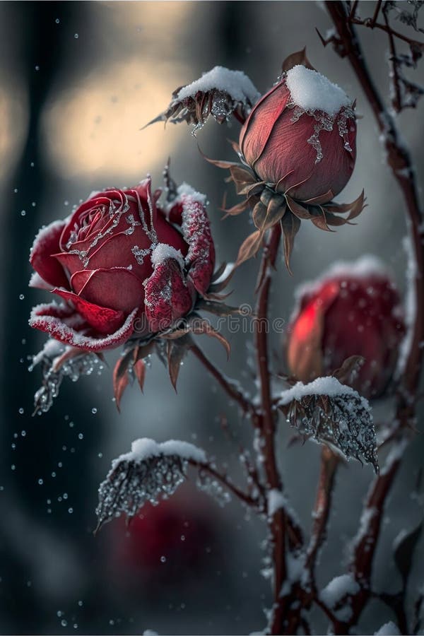 Red Roses Draped with Frost and Snow. Valentines Day Background ...