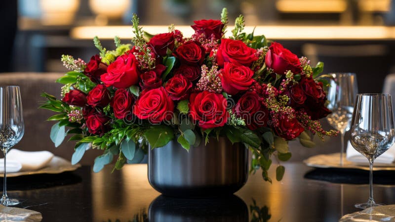 Red Roses in Elegant Black Vase Centerpiece Stock Illustration ...