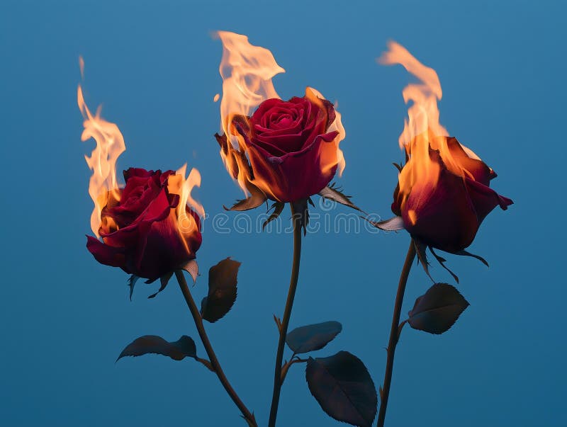 Red Roses Engulfed in Flames Against a Blue Background, Creating a ...