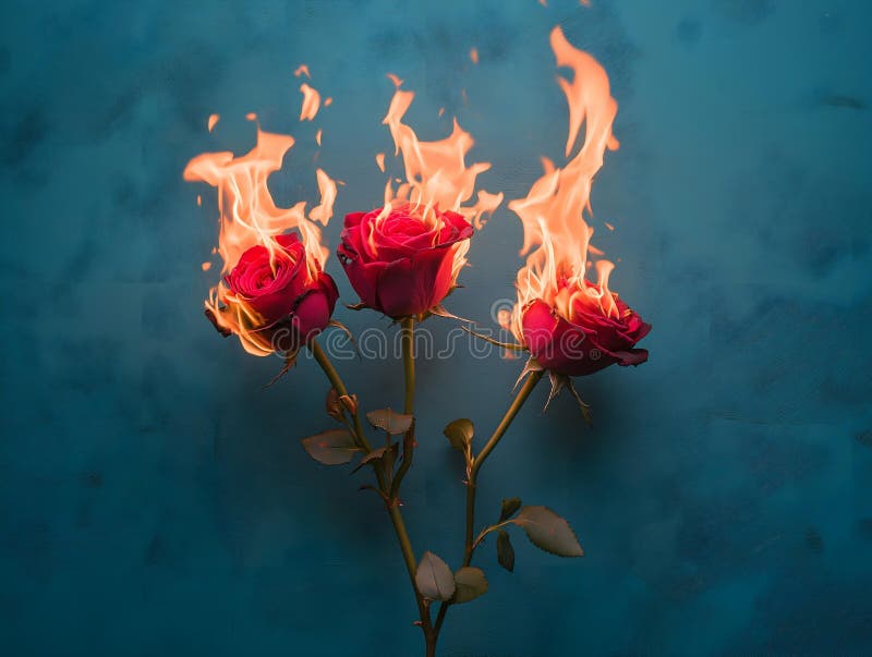 Red Roses Engulfed in Flames Against a Dark Blue Background, Creating a ...