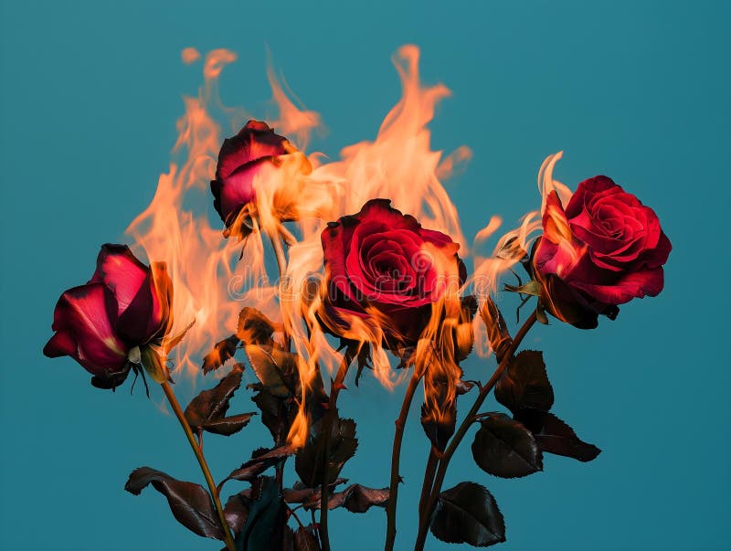 Red Roses Engulfed in Flames Against a Teal Background, Creating a ...