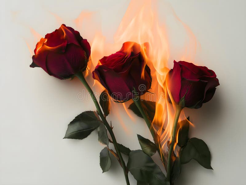 Red Roses Engulfed in Flames Against a White Background, Creating a ...