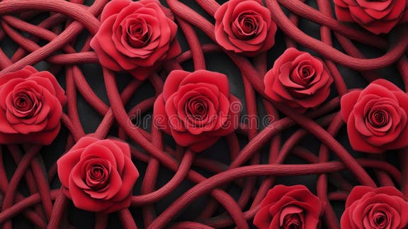 Red Roses Entwined in a Dark Red Vine Pattern Stock Illustration ...