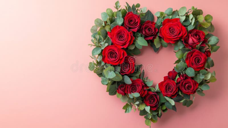Red Roses and Eucalyptus Form a Heart Shape Stock Illustration ...