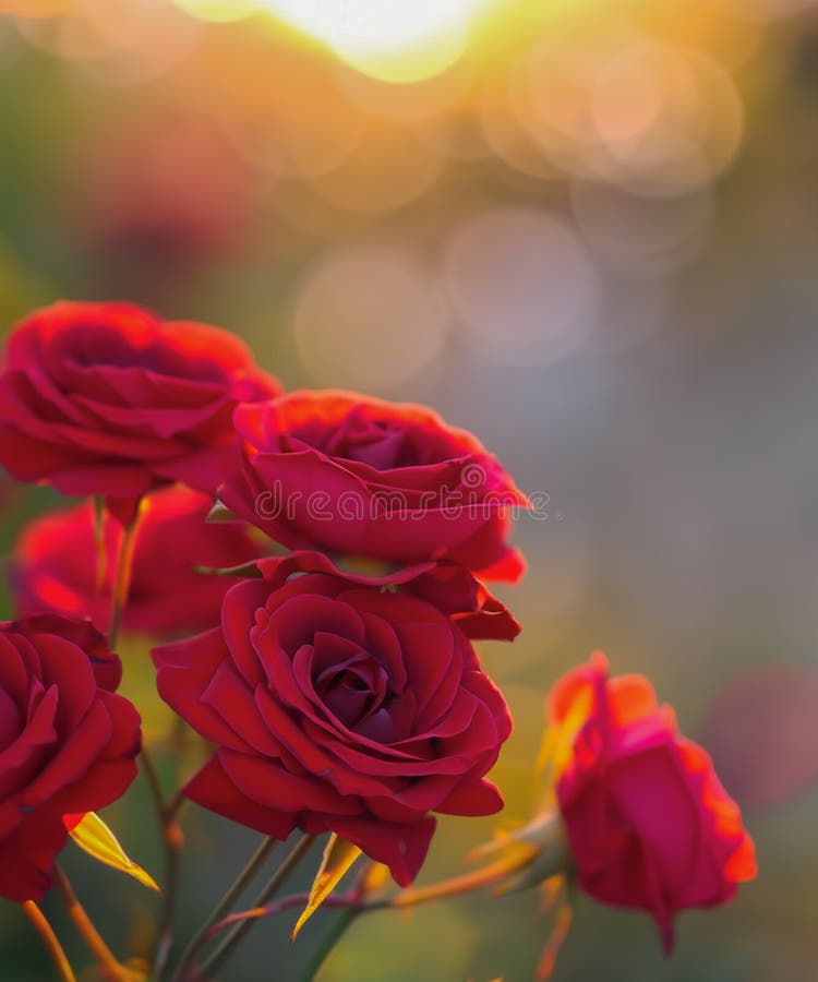 Red Roses at the Evening Sun Rays, Defocused Blurred Background Stock ...
