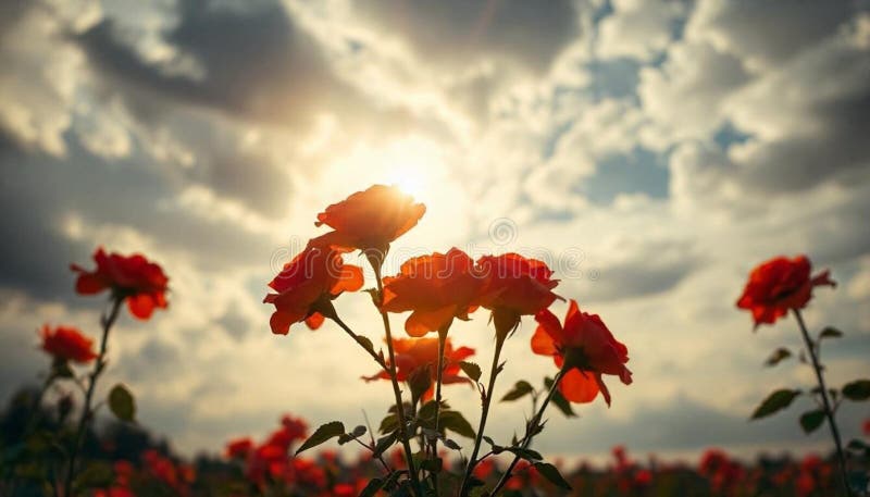 Red Roses in a Field at Sunset, with a Dramatic Cloudy Sky and Sun ...