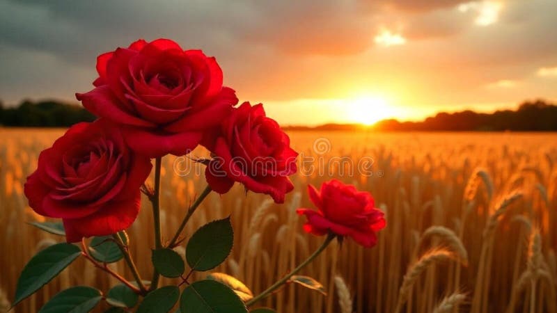 A Red Roses in a Field at Sunset Stock Illustration - Illustration of ...
