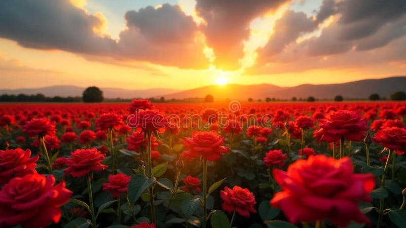 A Red Roses in a Field at Sunset Stock Illustration - Illustration of ...