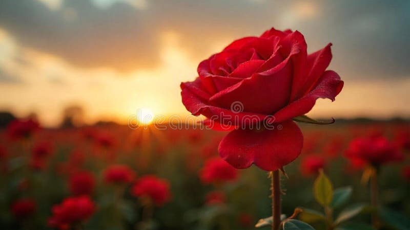 A Red Roses in a Field at Sunset Stock Illustration - Illustration of ...