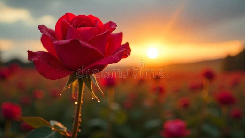 A Red Roses in a Field at Sunset Stock Illustration - Illustration of ...