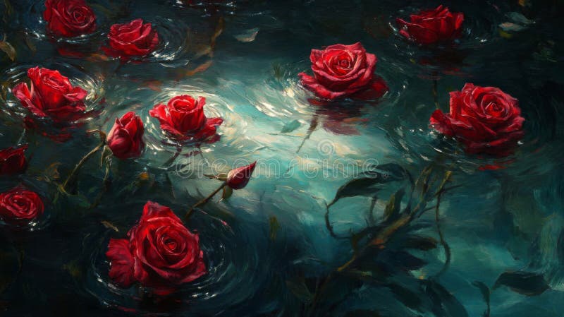 Red Roses Floating on Dark Water Stock Illustration - Illustration of ...