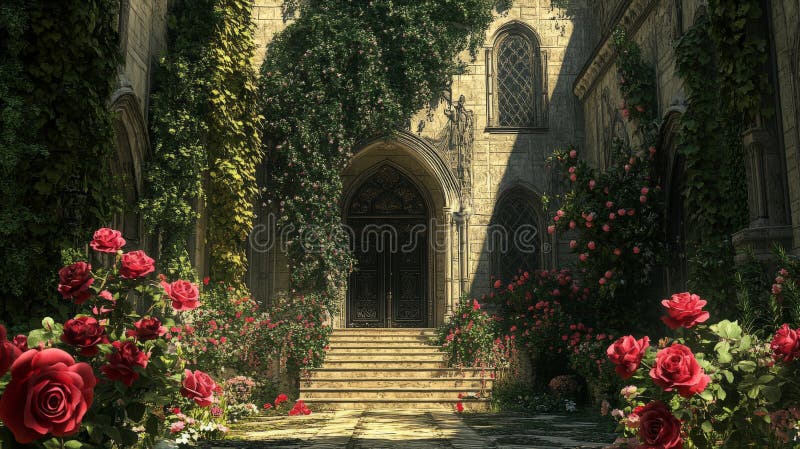 Red Roses Frame Castle Entrance in Sunny Day Stock Illustration ...