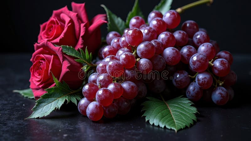 Red Roses and Fresh Grapes on Dark Surface Capturing Nature S Elegance ...