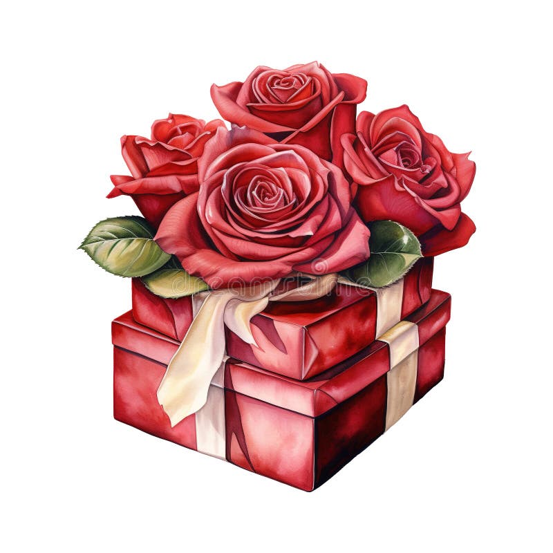 Red Roses on a Red Gift Box with a Bow Stock Image - Illustration of ...