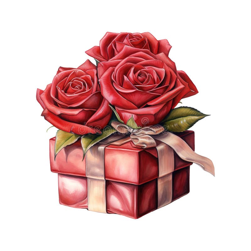 Red Roses on a Red Gift Box with a Bow Stock Photo - Illustration of ...