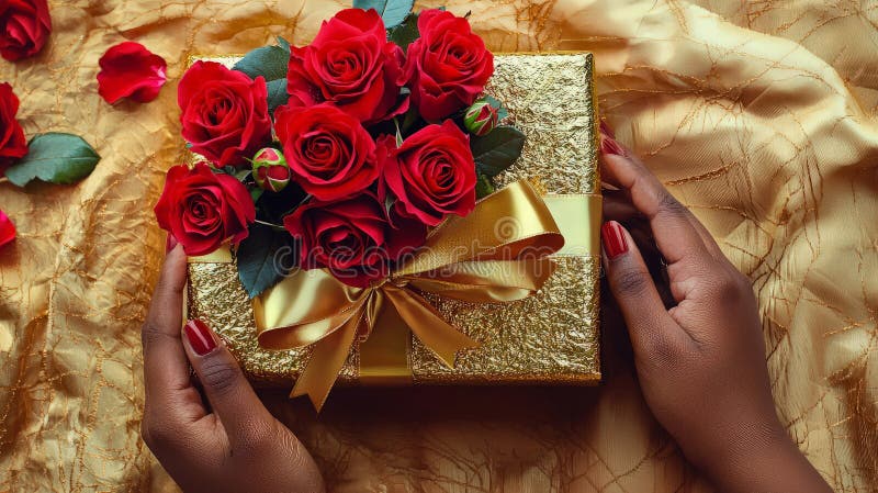 Red Roses Gift Box, Hands, Gold Fabric. Romantic Surprise Stock Photo ...