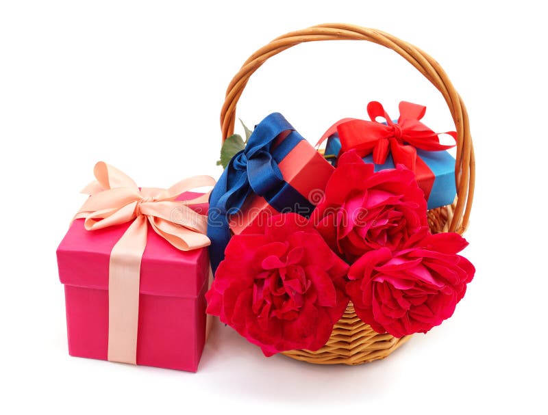 Red Roses and Gifts in a Basket Stock Image - Image of holiday, white ...