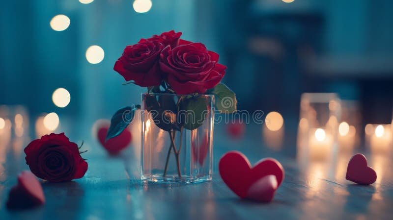 Red Roses in Glass Vase Romantic Setting Stock Illustration ...