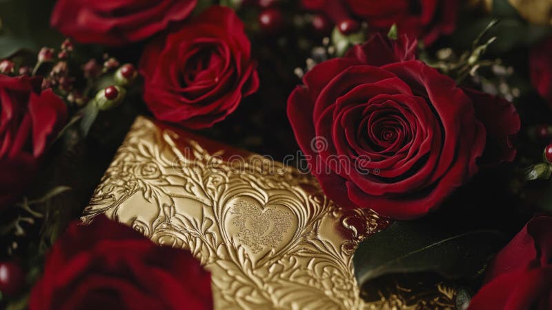 Red Roses and a Gold Embossed Box with a Heart Design Stock ...
