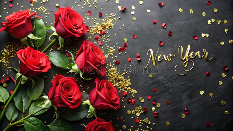 Red Roses, Golden Confetti, and New Year S Greetings Stock Photo ...