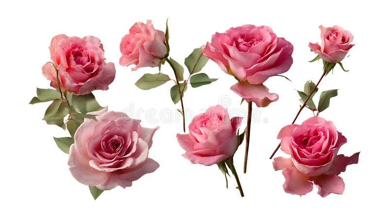 Red Roses with Green Leaves and Stems on Transparent Background Stock ...