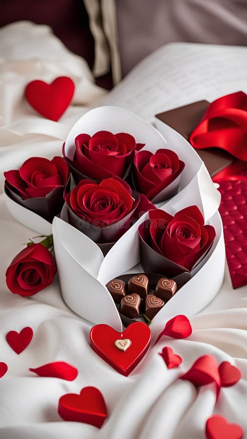 Red Roses and Heart-shaped Chocolates on a Bed for Valentine S Day ...