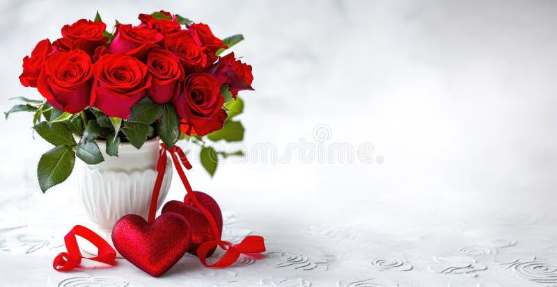 Red Roses and Hearts Valentine S Arrangement Stock Photo - Image of ...