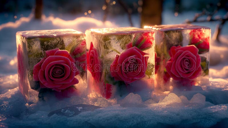 Red roses in ice cubes stock illustration. Illustration of frost ...