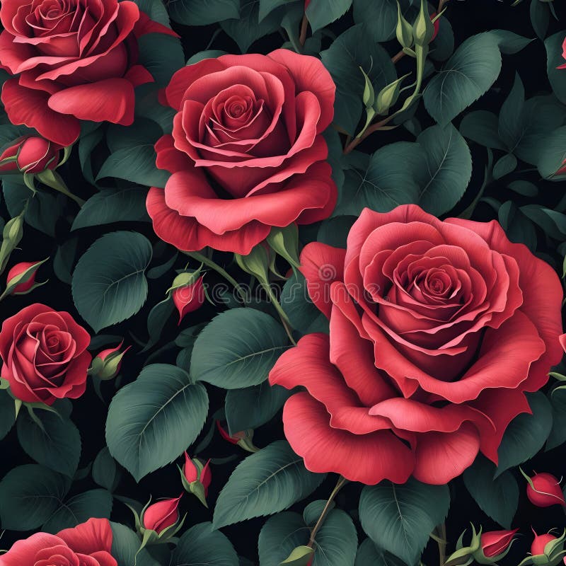 Red Roses Illustration Seamless Pattern on Black Background, Wallpaper ...