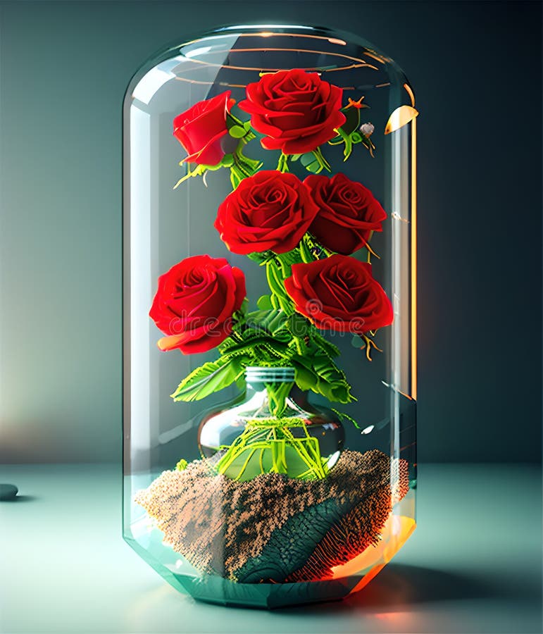 Red Roses Inside a Glass Box, AI Stock Illustration - Illustration of ...