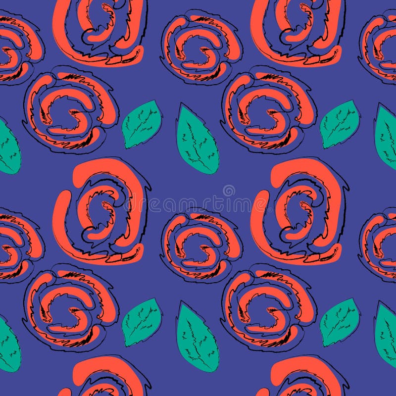 Red Roses with Leaves in Doodle Style, Seamless Pattern Image Stock ...