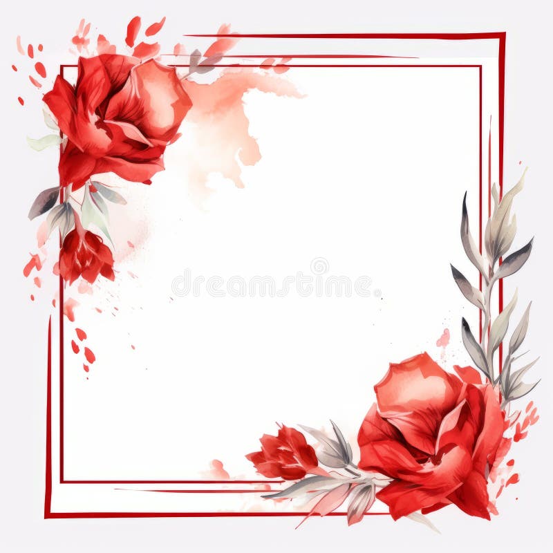 Red Roses and Leaves in a Square Frame on a White Background Stock ...