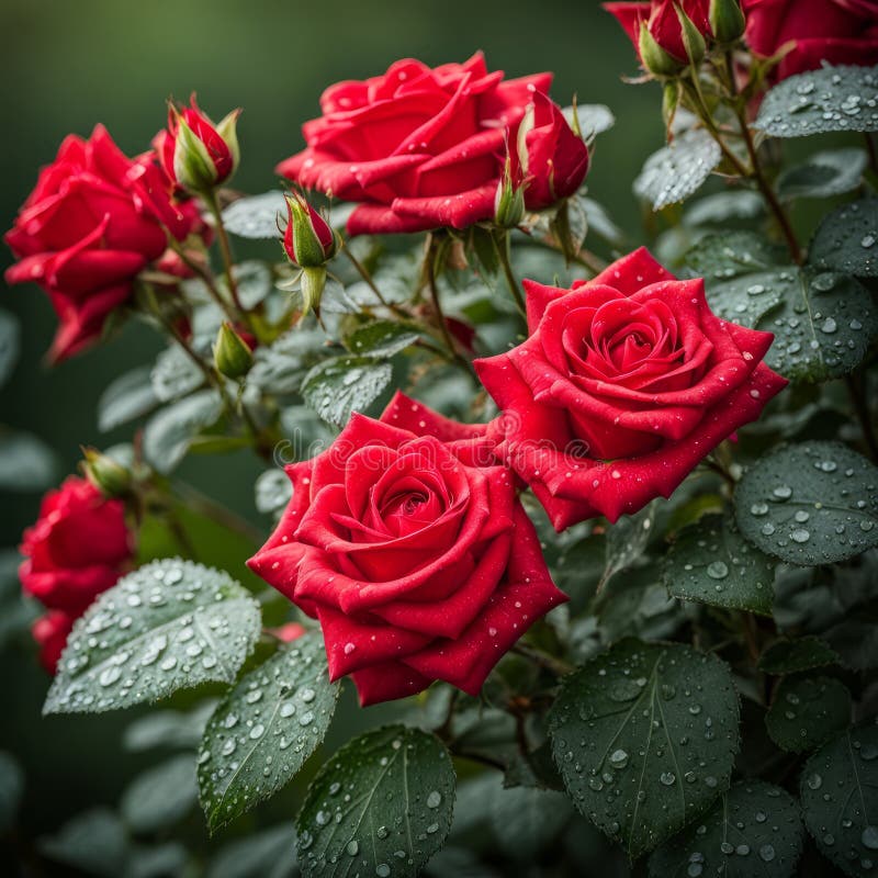 A Single Red Rose with Leaves and Stems Covered in Dew Stock ...