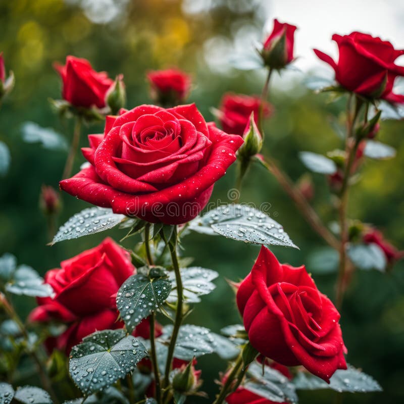 A Single Red Rose with Leaves and Stems Covered in Dew Stock ...