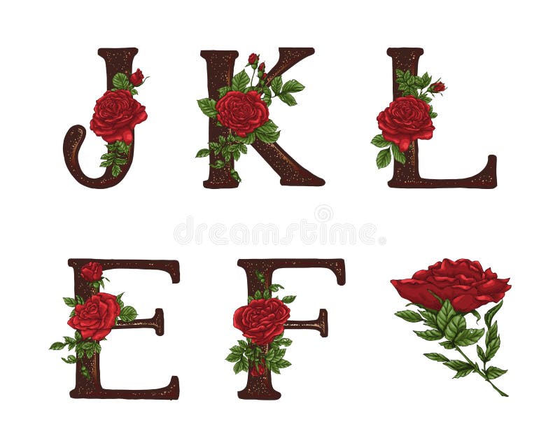 Red Roses Letters. Hand Draw. Vector Alphabet Stock Illustration ...