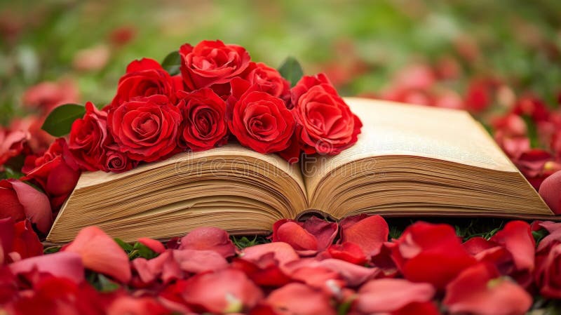 Red Roses and Open Vintage Book on Petals Stock Illustration ...
