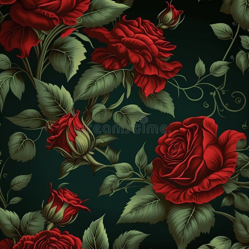 Red Roses Pattern on Dark Green Background Stock Illustration ...