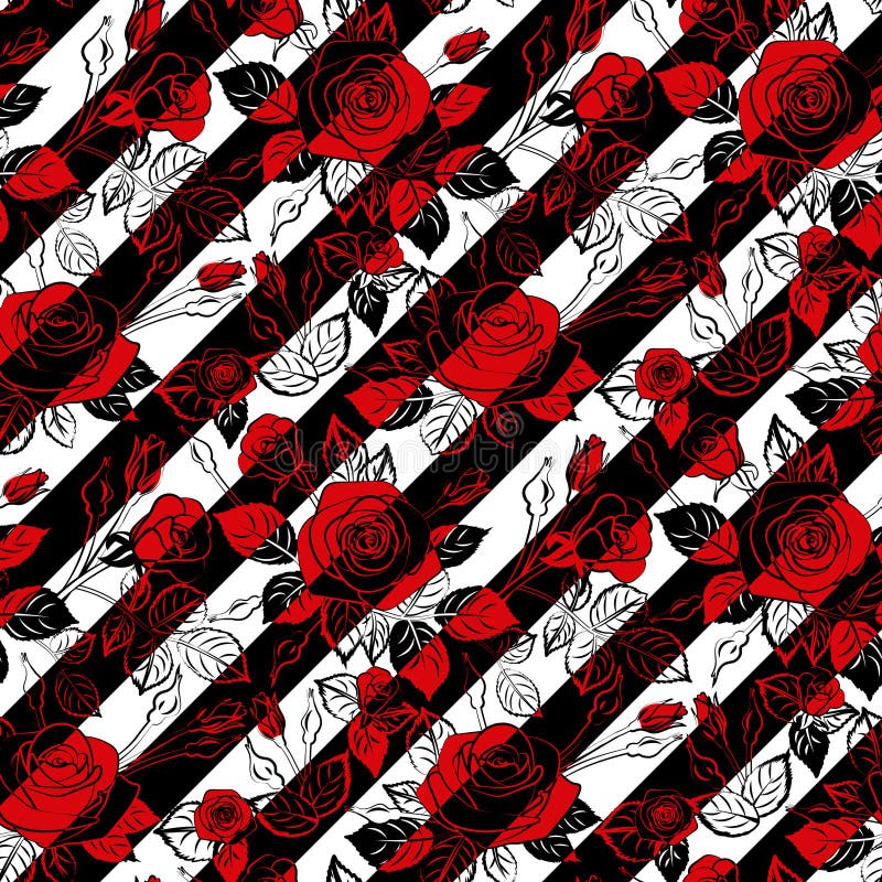 Red Roses Pattern Seamles Diagonal Stripes With Graphic Leafs Black And ...