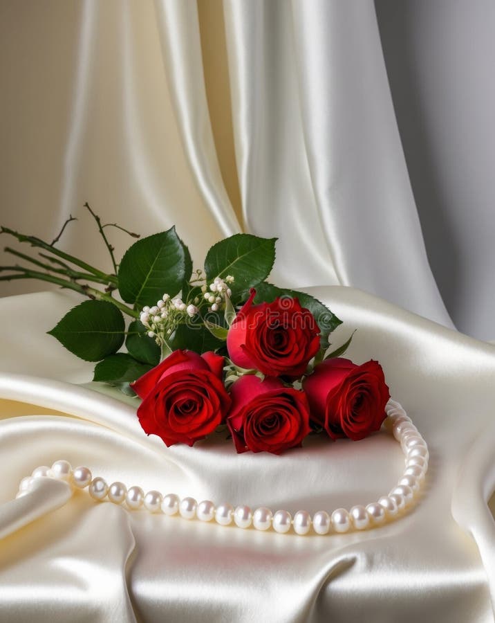Red Roses with Pearls on Luxurious Satin Background. Stock Illustration ...