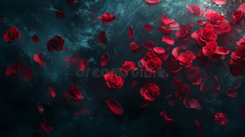 Red Roses and Petals Falling on Dark Blue Background Stock Illustration ...