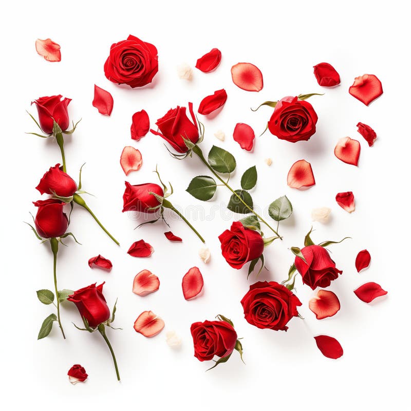 Red Roses and Petals Scattered on White Background Stock Illustration ...