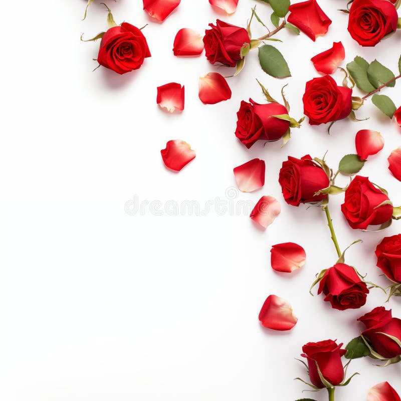 Red Roses and Petals Scattered on White Background for Romantic Setting ...